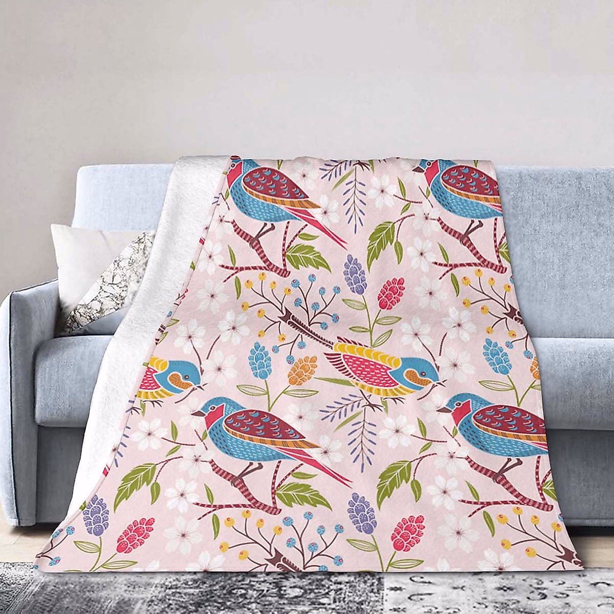 Throw Blanket 50x60 Inch,Bird Flower Floral Summer Flannel Soft Cozy Fluffy Throw Blankets and Warm Throws for Adults in Couch Sofa Bed 60x50 Inch