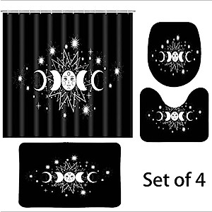 Geometry Suns 4 Piece Shower Curtain Sets for Bathroom Triple Moon Pagan Wiccan Goddess Symbol Phases Suns Orbits with Shower Curtain Toilet Cover Floor Mat Accessories 72 X 72 Inch Length