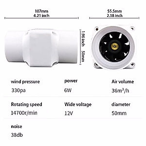 2 Inch Inline Duct Fan, 12V DC Bathroom Exhaust Fan Kitchen 6W Small Exhaust Blower for Office Hall Hydroponic Kitchen