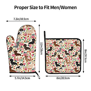 Hitamus Floral Dachshunds Oven Mitts and Pot Holders Sets, Heat Resistant Kitchen Microwave Gloves Non-Slip Pot Pads for Grilling Baking Cooking BBQ (Set of 2)
