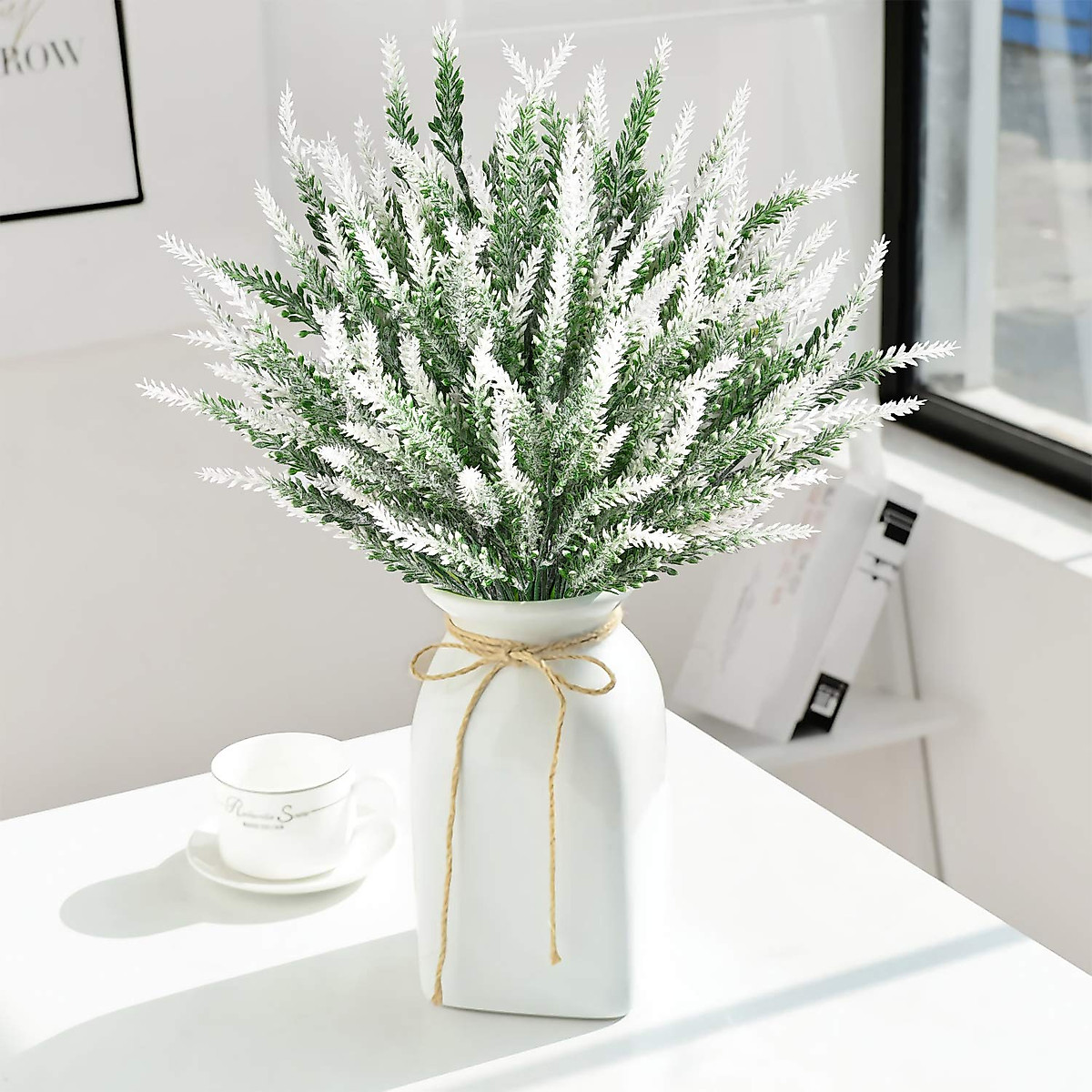 MARTINE MALL 8pcs Artificial Lavender Bouquet White Lavender Bundles Flocked Artificial Flowers Arrangements for Garden Office Wedding Bridle Home Kitchen Indoor Outdoor Decor