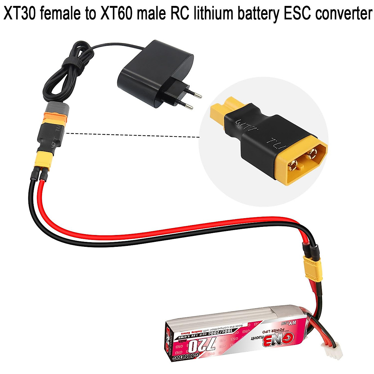 QIANRENON XT30 Female to XT60 Male RC Battery Charging Conversion Connector XT60 Plug to XT30 Socket Lithium Battery ESC Adapter, for Model Airplane Drone RC Car Toy Quadcopter, 2 Pcs