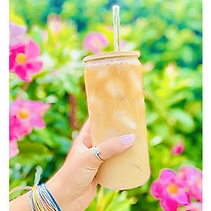 Sunshine Co. 20oz Glass Tumbler with Lid and Straw- Glass Cup with Bamboo Lid and Glass Straw- Reusable Iced Coffee Cup, Smoothie Cup - Matcha Tea Tik Tok Cocktail Glass