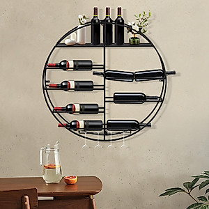 Wall Mounted Wine Rack, 12 Bottles 7-Tier Round Wine Glass Rack, 35.43in Hanging Wine Liquor Shelves Display Rack With Holder Storage, Wine Rack For Kitchens, Living Rooms, Cellars, Cabinets (Black)