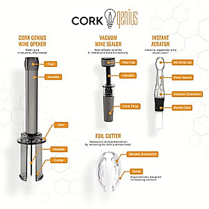 Cork Genius 4-Piece Wine Opener Set, Air Pump Wine Bottle Opener, Wine Aerator Pourer Spout, Wine Foil Cutter, and Leakproof Vacuum Wine Stopper, Wine Gift Set for Wine Lovers, Black