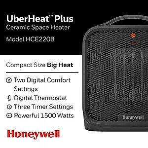 Honeywell UberHeat Plus Ceramic Space Heater for Small Rooms, Quiet, Compact Personal Heater with Variable Heat Settings and Auto-off Timer, Black, HCE220B