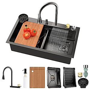 Kitchen Sink - Tiagowell 31.5'' Waterfall 304 Stainless Steel Nano Luxury Kitchen Sink with Topmount Workstation,Pull Out Faucet Combo,Cup Rinser & Sink Accessories for Kitchen,Bar,Resturant,Prep