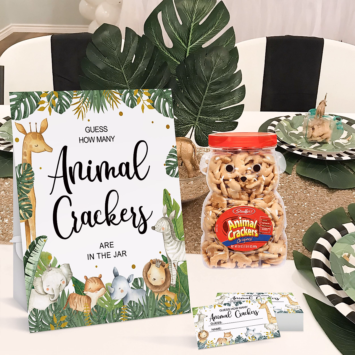 50 Safari Baby Shower Games, Safari Guess How Many Animal Crackers Game Cards with Sign, Jungle Baby Shower Games, Candy Guessing Game Tickets Safari Baby Shower Decorations(2x3.5 Inches)