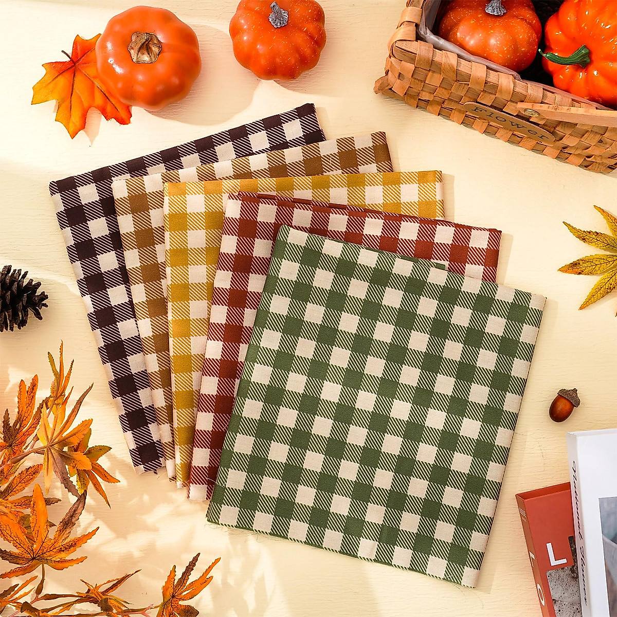 Whaline 10Pcs Fall Cotton Fabric Bundles 18 x 22 Inch Autumn Buffalo Plaid Fat Quarters Checkered Quilting Patchwork Squares Plaid Sewing Fabrics for Harvest Thanksgiving DIY Handmade Craft Decor