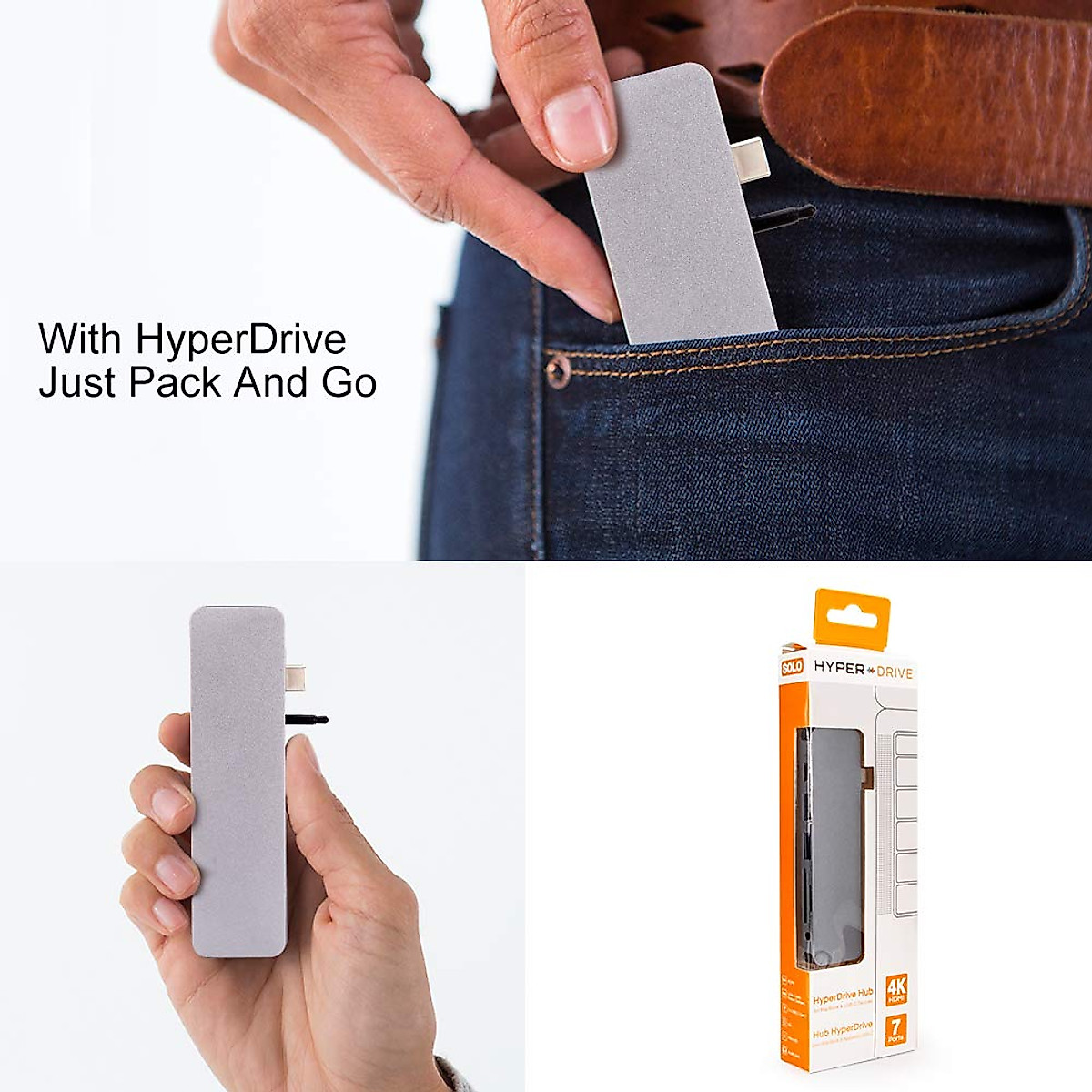 HyperDrive USB-C Hub Adapter, Sanho Solo 7-in-1 Type C Dongle for MacBook Pro, PC w USB-C Port: USBC 60W Power Delivery, USBC 5Gbps Data, 4K HDMI, microSD/SD Card Reader, 2xUSB 3.0, Audio Jack - Grey