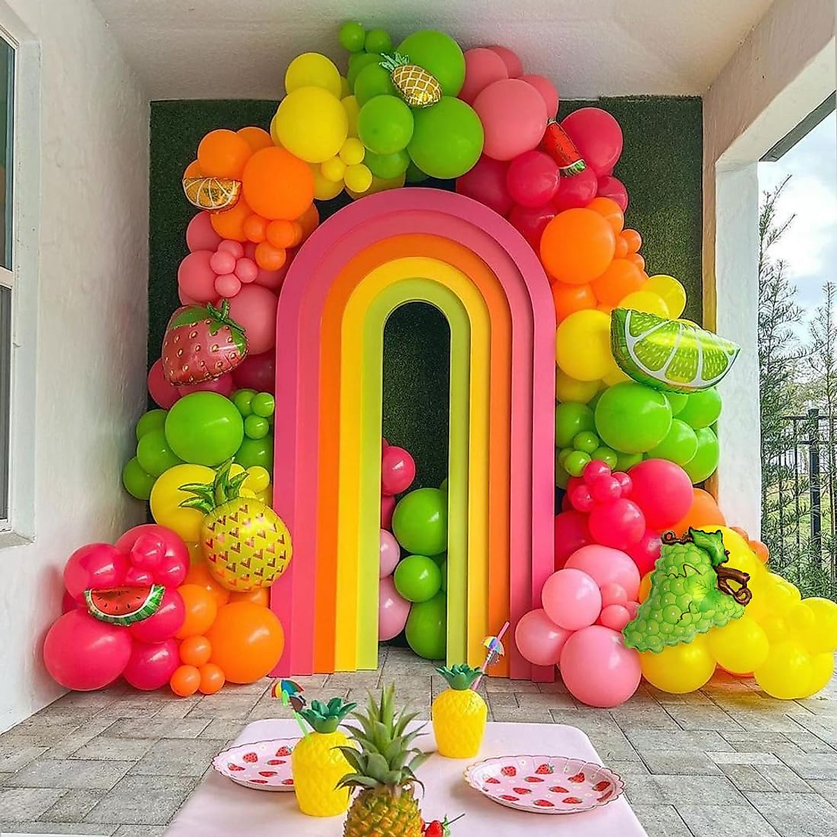 Fruit Balloon Garland Arch Kit Pink Rose Red Yellow Green Orange Balloons with Watermelon strawberry Pineapple Lemon Orange Foil Balloons for Twotti Fruity Party Decorations Sweet Birthday Party