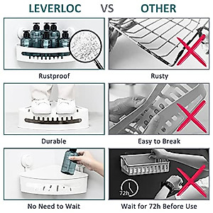 LEVERLOC Corner Shower Caddy Suction Cup NO-Drilling Removable Bathroom Shower Shelf Heavy Duty Max Hold 22lbs Caddy Organizer Waterproof & Oilproof Shower Corner Rack for Bathroom & Kitchen - White