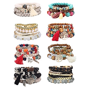 LOYALLOOK 8 Sets Bohemian Stackable Bead Bracelets for Women Stretch Multilayered Boho Stackable Bracelets Stack Beads Multicolor Beaded Strand Bangle Charm Bracelets Boho Tassel Bracelet Set Handmade