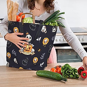 AuHomea Halloween pattern in black skulls Reusable Grocery bags Big Capacity Shopping Bag Canvas Shoulder Tote Handbag for Women Girls