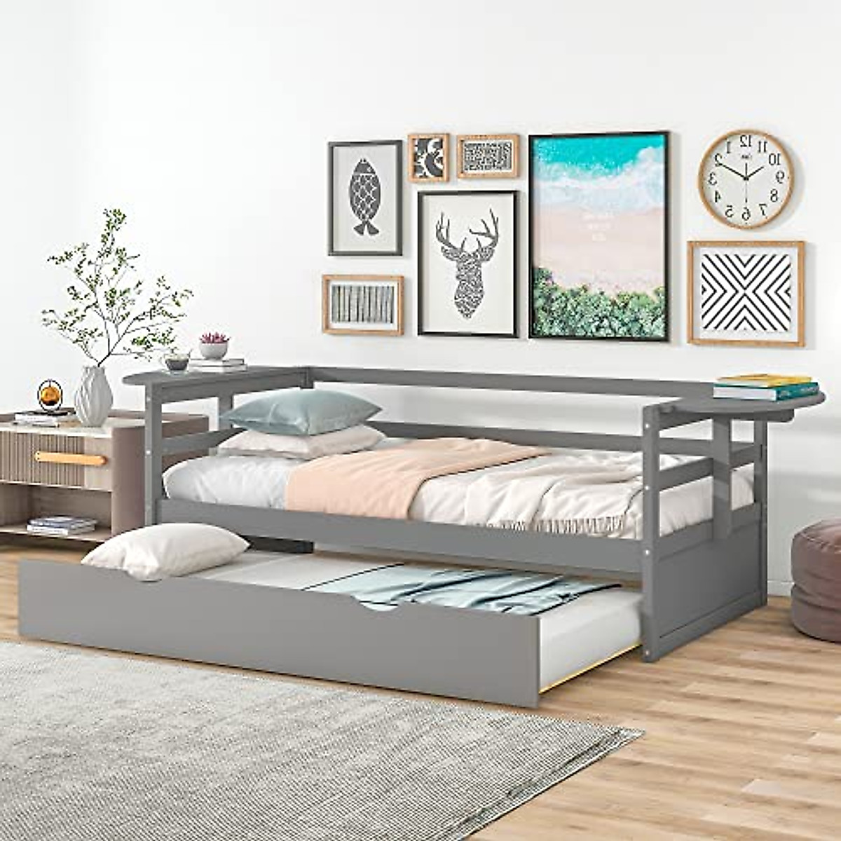 SOFTSEA Twin Daybed with Foldable Shelves, Wood Day Bed Frame with Trundle (Gray)