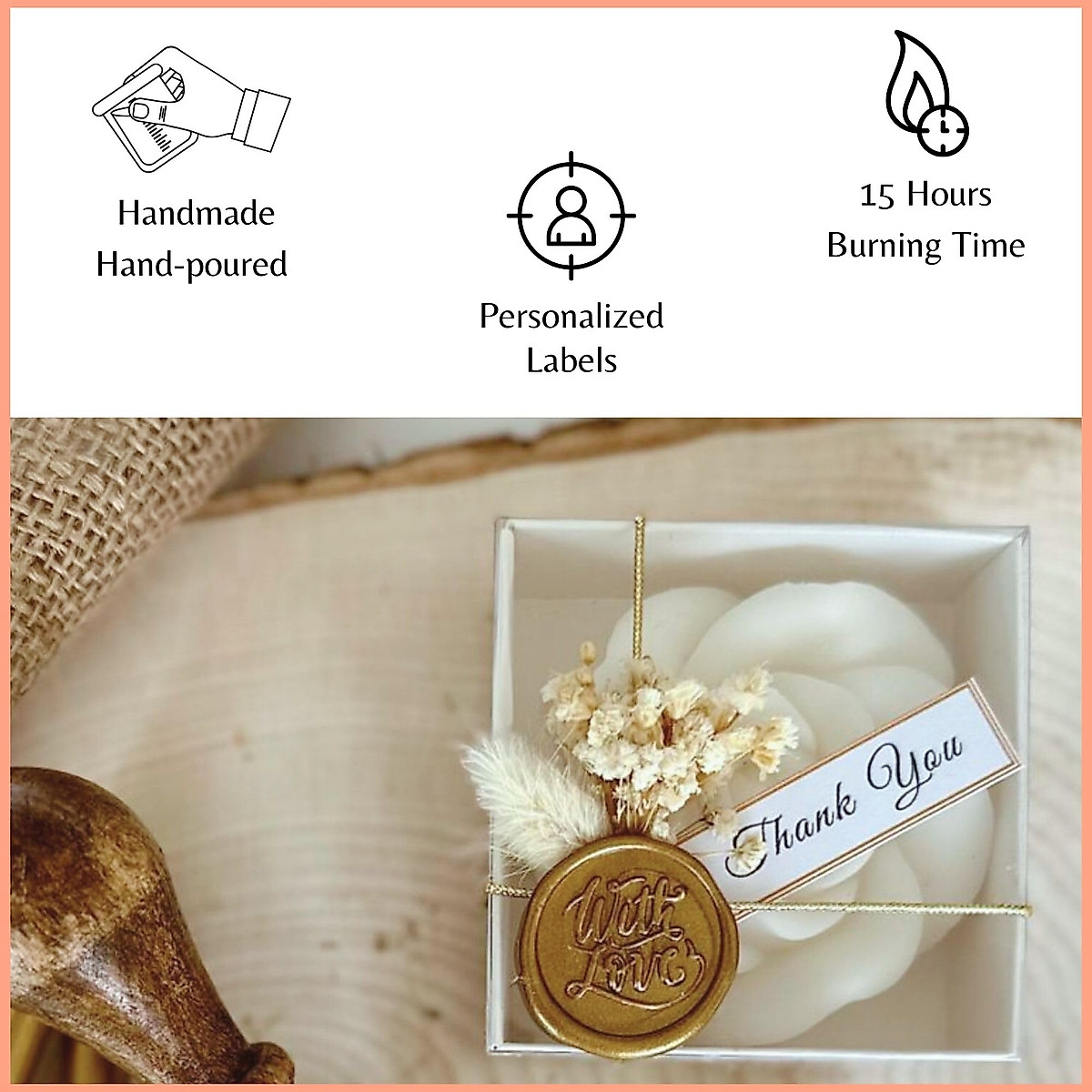 White Rose Petal Soy Wax Candles in Bulk - Scented Wedding Favor, Bridal Shower Baby Shower Birthday Gift - Dried Flower, Wax Stamp (10 Pieces)