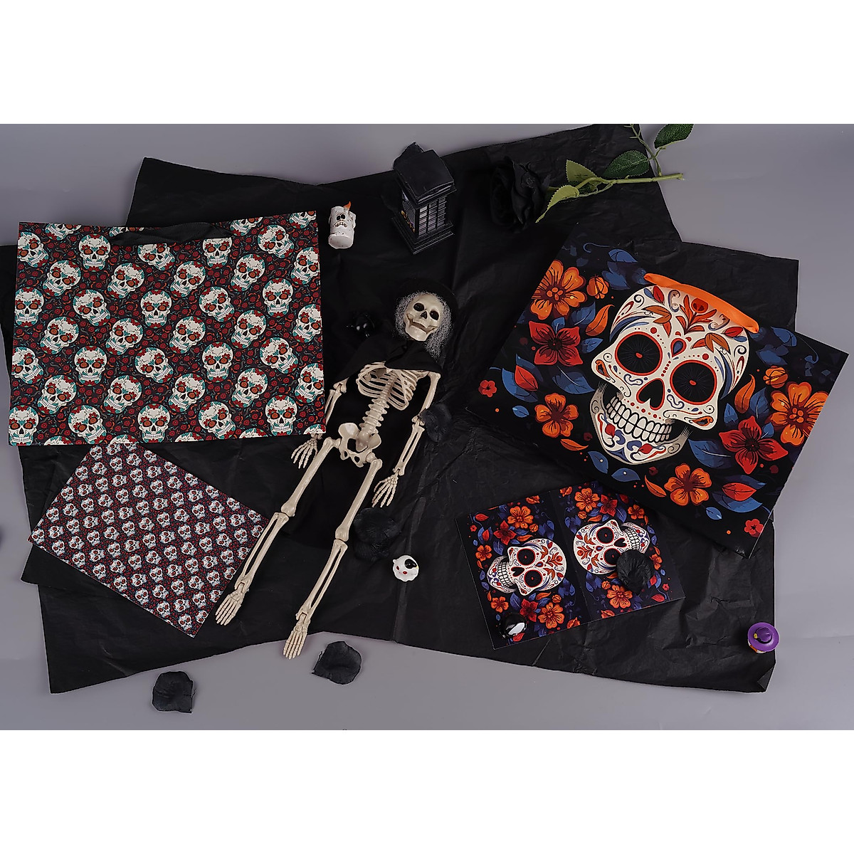 ysmile Halloween Skull Gift Bag with Wrapping Paper for Men Women 12.6" 2 Pack