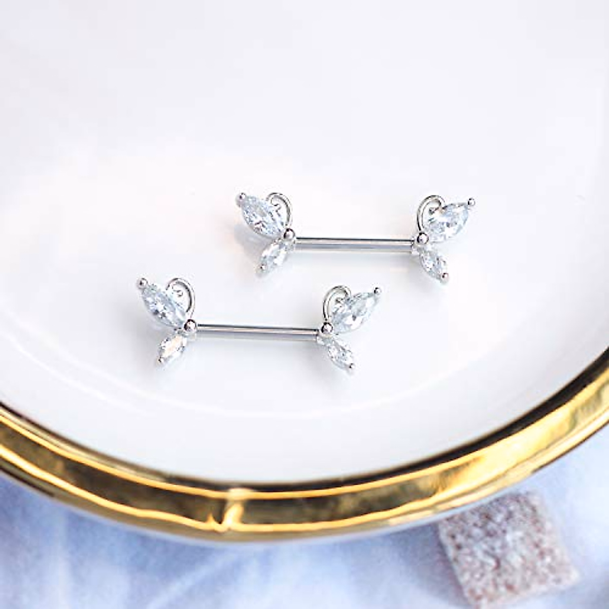 CHARM ONLINE 2PCS 14G 316L Stainless Steel Clear (Butterfly CZ Nipple Rings Barbell Crystal Nipple Piercings Jewelry for Women)