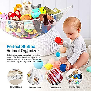 2 Pcs Hanging Mesh Storage Basket with 1 Stuffed Animals Toy Net Hammock, Hommtina Foldable Corner Organizer 3 Tier, Neatly Organize Kid’s Plush Toys and Save Space (Blue+Purple)