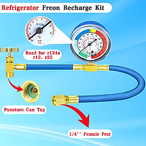 R134A Refrigerator Freon Recharge Hose Kit-R134a AC Refrigerant Charging Guage Hose Set with BPV31 Bullet Piercing Tap Valve and R134a Self-Sealing Adapter, for Home A/C Refrigerant System (Red)