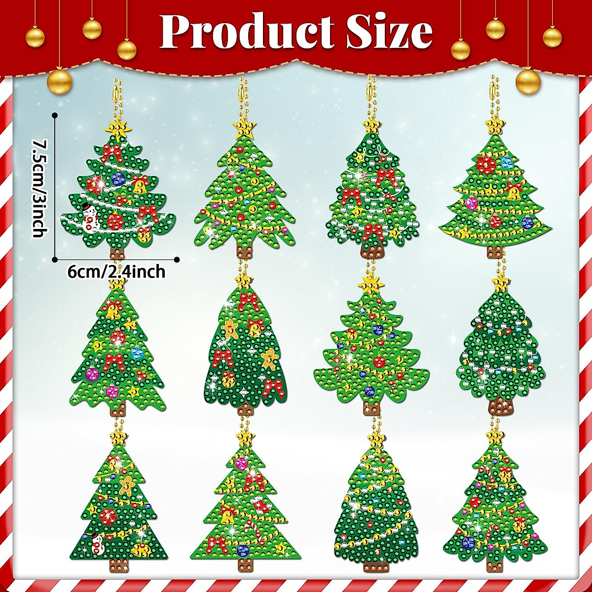 24 Pcs Christmas Diamond Painting Keychains Christmas Tree 5D Art Ornaments Kit Xmas Full Drill DIY Keyring Holiday Double Sided Diamond Craft Pendant for Kids Family Home Classroom Winter Party Decor