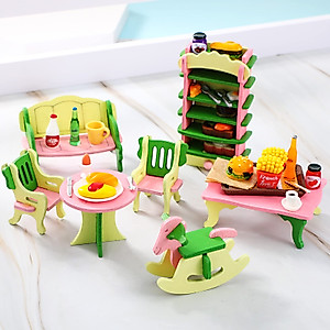 6 Sets of Wooden Dollhouse Furniture Set with 8 Dollhouse Family Figures 1:12 Playhouse Miniature Wood Toy Furniture and Accessories Kitchen, Bathroom, Living Room, Bedroom Pretend Play Toys
