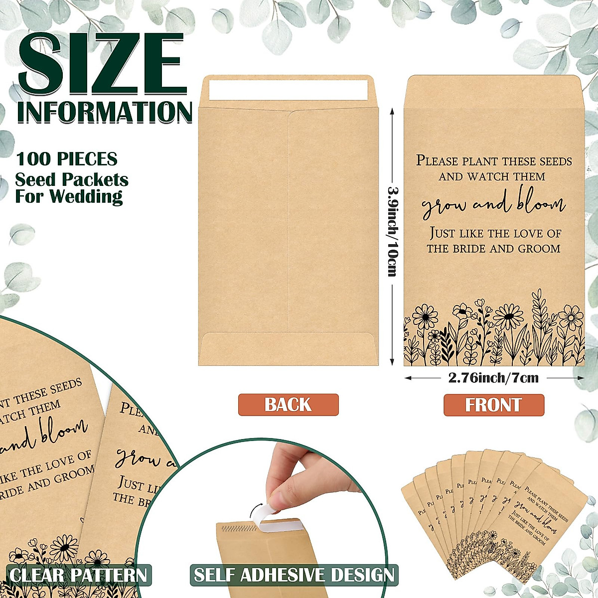 Ctosree 100 Set Wedding Favors for Guests Bulk Include 100 Pcs Self Adhesive Seed Packets Kraft Paper Seed Envelopes 100 Pcs Let Love Grow Cards 100 Pcs Organza Gift Bags for Bridal Shower (Classic)