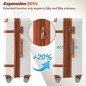 Merax Hardside Rugged Travel Suitcase Luggage with 8 Spinner Wheels, Collision-Protection Angle, 3-Piece Set, TSA Lock, Expandable, Carry-On Luggage (20/24/28,White)