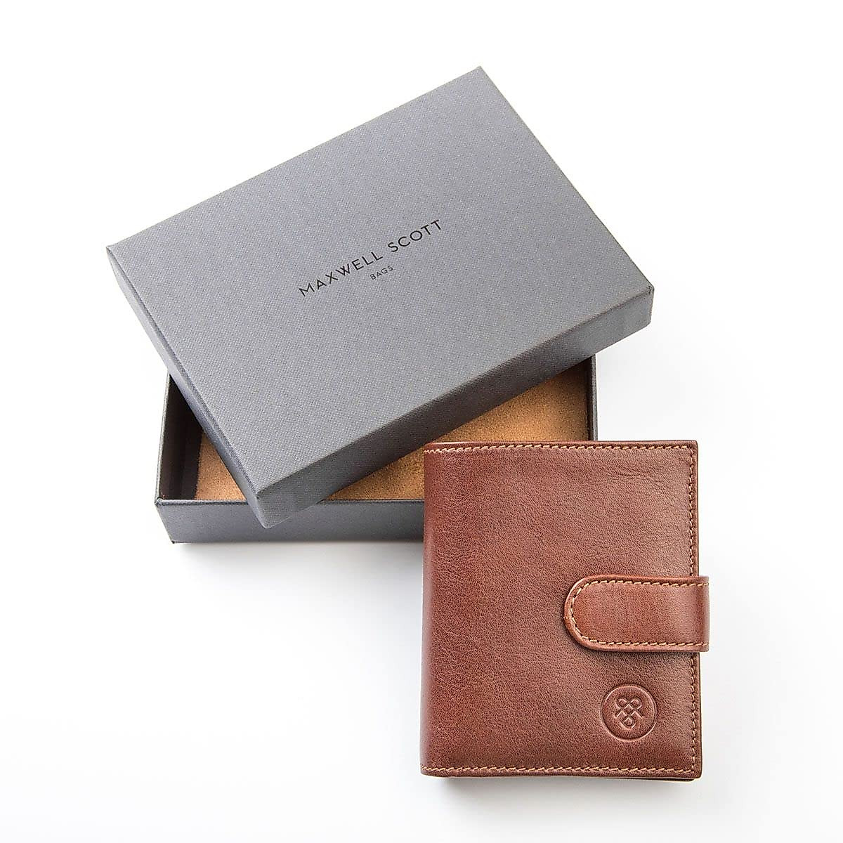 Maxwell Scott - Mens Compact Luxury Leather Mens Small Wallet with Button Fastener - Made in Italy - The Pietre Chestnut Tan