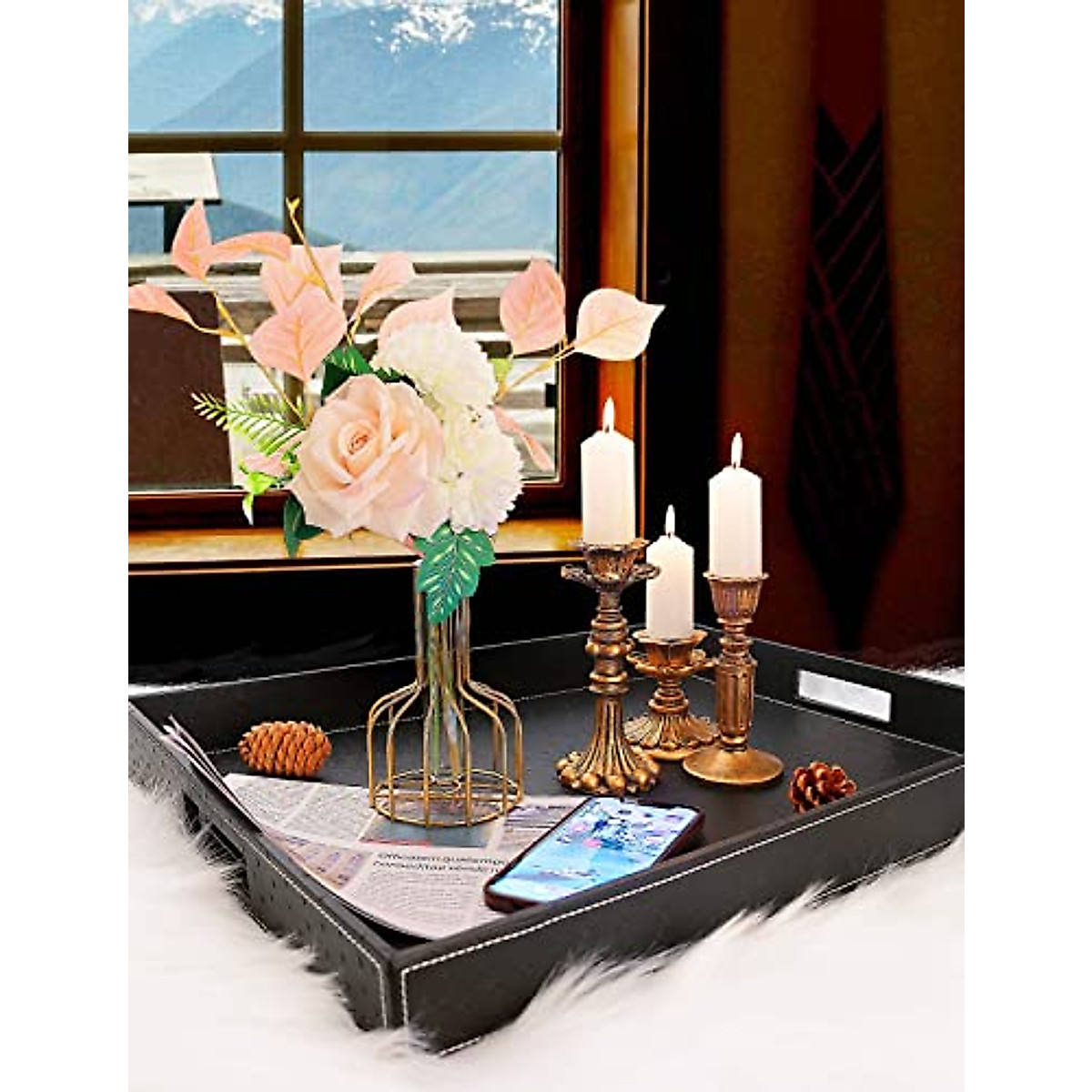 Ranslen Serving Tray with Handles, 20 x 16 Inch Rectangular Leather Tray for Coffee Table, Breakfast, Kitchen Home Black Tray Decor Extra Large