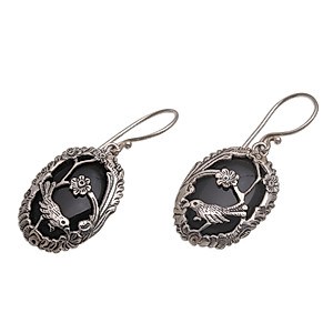 NOVICA Artisan Handmade Onyx Dangle Earrings 925 Silver Birdthemed from Bali Sterling Indonesia Nature Floral Birthstone [1.5 in H x 0.7 in W x 0.2 in D] ' Avian Curiosity'