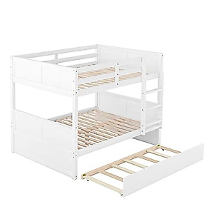 Merax Full Over Full Bunk Bed with Trundle,Wooden Trundle Bed Frame with Ladder Safety Guardrail,Convertible to 2 Platform Beds for Kids Teens,White