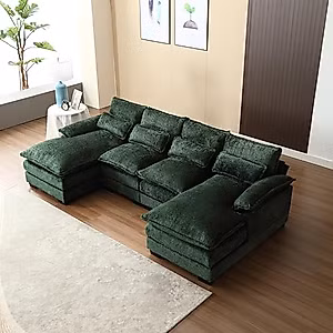 Oversized Modular Sectional Sofa Cloud Couch, U Shaped Chenille Upholstered Overstuffed Corner Couch with Double Chiase Lounge and Solid Wood Legs, 6 Seater Soft Sleeper Sofa&Couches for Home