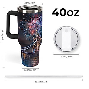 Fireworks over The Tower Bridge London Britain UK 40OZ Tumbler Stainless Steel Travel Mug Water Bottle Car Cup Tea Cups with Lid Black-style