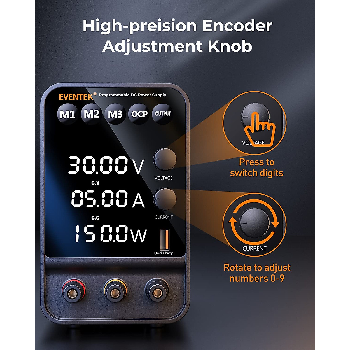 Eventek DC Power Supply, 30V/5A Variable Power Supply with Encoder Adjustment Knob, Memory Switching Bench Power Supply with 4-Digits LED Display, 5V/3.6A USB Output & Banana Plug Lead