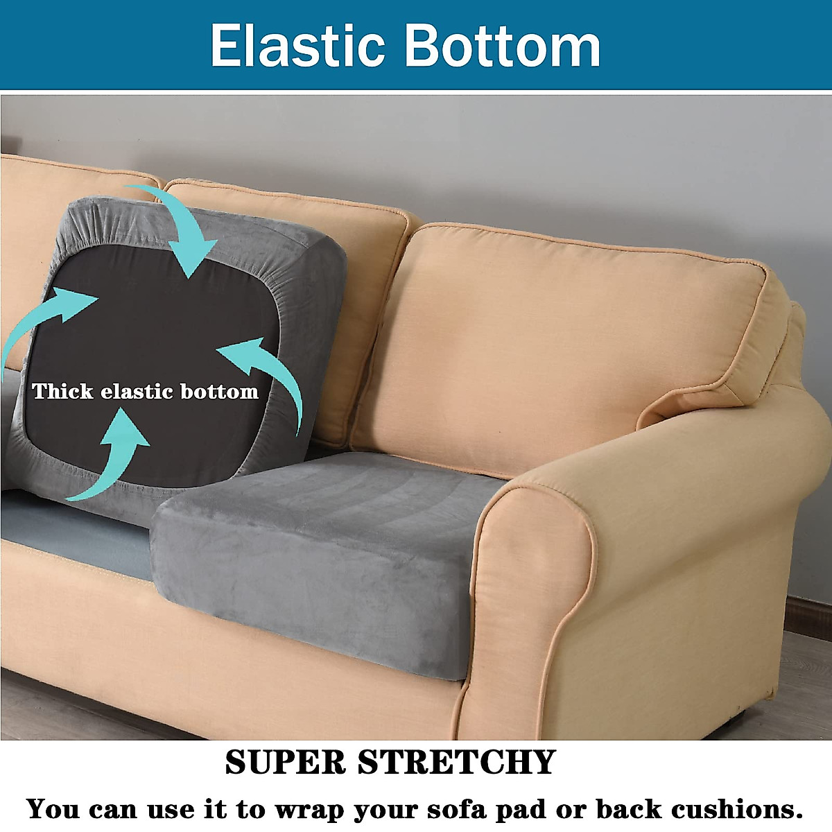 GUYIRT Velvet Couch Cushion Covers Stretch Individual Cushion Covers Non Slip Furniture Protector Washable Sofa Seat Cushion Covers Replacement Sofa Slipcover -Blue-4 Seater