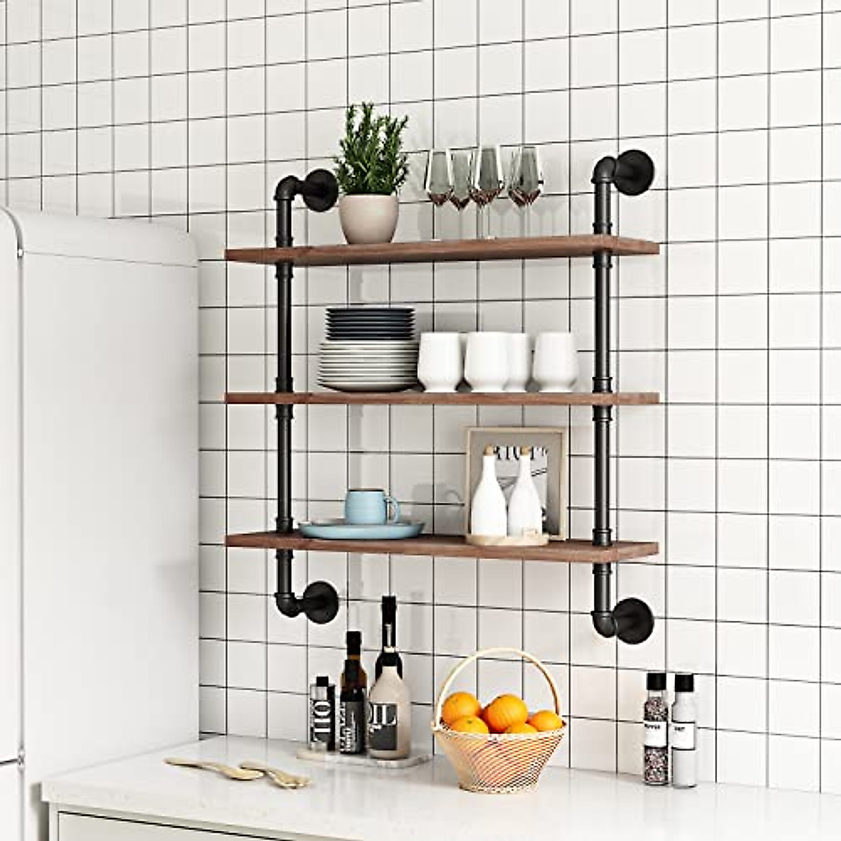 BOSURU Industrial Pipe Shelving Rustic Wood Floating Shelves 3 Tiers Modern Wall Mount Bookshelf(Black,32 inch)