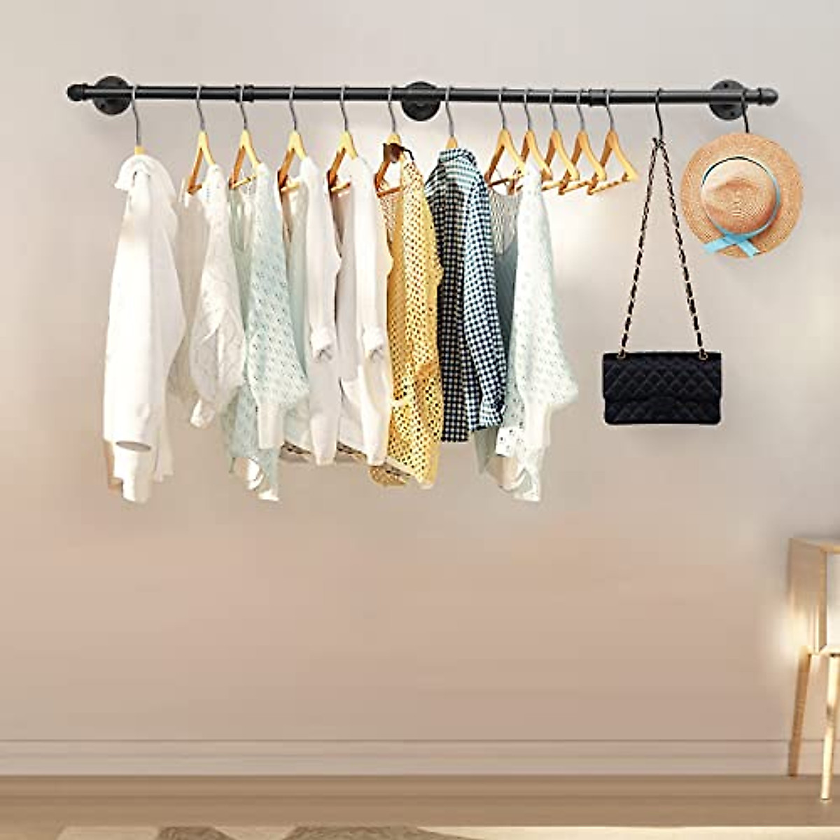 Livabber Industrial Pipe Clothes Rack, Heavy Duty Detachable Iron Garment Rack Wall Mounted, Rustic Saving Space Clothes Bar Multi-Purpose Hanging Rod for Bedroom, Closet, Black (50 Inch)