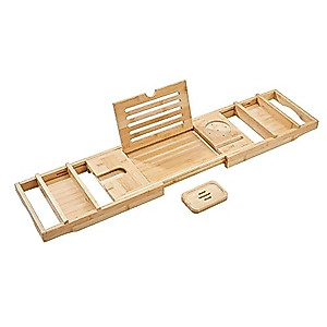 Bamboo Bath Tray, Expandable Bath Caddy with Wine and Book Holder-Headley Tools Bathtub Caddy for Luxury Bath, Adjustable Bath Caddy Tray for Bathtub-Great Gift for Women/Men (Wood Color)