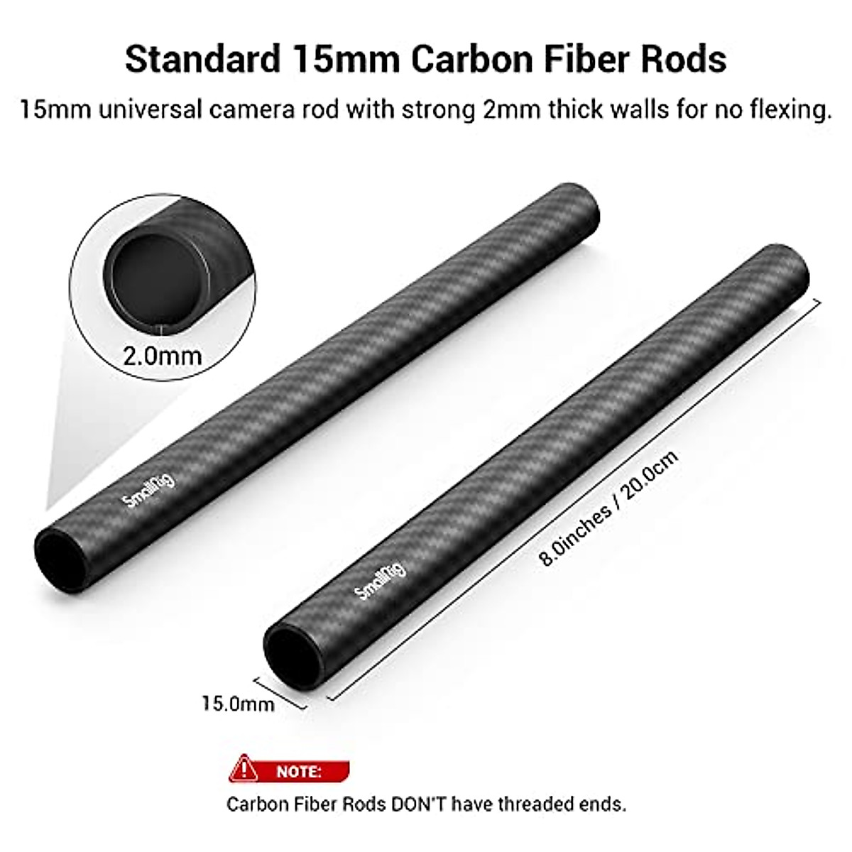 SmallRig 15mm Carbon Fiber Rod for 15mm Rod Support System (Non-Thread), 8 inches Long, Pack of 2 - 870