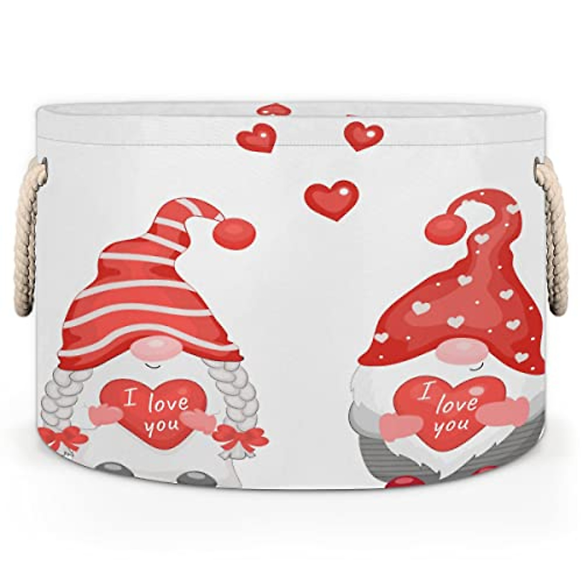 Valentine Cute Gnomes Love Heart (11) Large Round Baskets for Storage Laundry Baskets with Handles Blanket Storage Basket for Bathroom Shelves Bins for Organizing Nursery Hamper Girl Boy