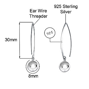 Savlano 925 Sterling Silver Ear Wire Threader Bead Ball Dangling Drop Earrings for Women Available in 6MM, 8MM, 10MM and 12MM -Made in Italy Comes With Savlano Gift Box (8MM)