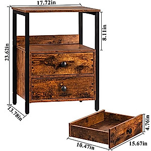 Lerliuo Nightstand, Side Table, Industrial Bedside Table with 2 Drawers and Open Shelf, Brown Night Stand, End Table with Steel Frame for Bedroom, Dorm, Brown/Black 23.6''H (Brown)