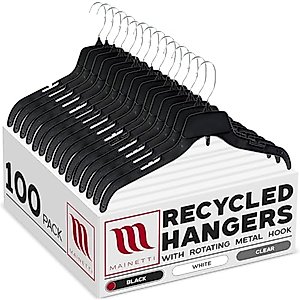 Mainetti 484 Recycled Black Plastic Hangers - 200 Pack with Rotating Metal Hook and Notches for Straps, Great for Shirts/Tops/Dresses, 17-Inch