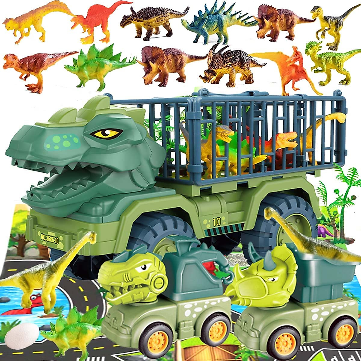 Dinosaur Transport Truck Boy Toys Car Carrier Train with 15PCS Dinosaurs 2 Crane Transport Toys for 3 4 5 6 7 Year Old Boys Girls Kids, Waterproof Mat Activity Playset (Dino Truck)