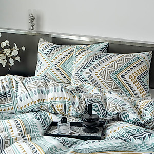 Boho Duvet Cover King, 3 Pieces Boho King Bedding Set, Ethnic Yellow White Green Louvre Bohemian Pattern Duvet Covers, 100% Cotton, Luxury Soft Breathable Comfy with Zipper Closure