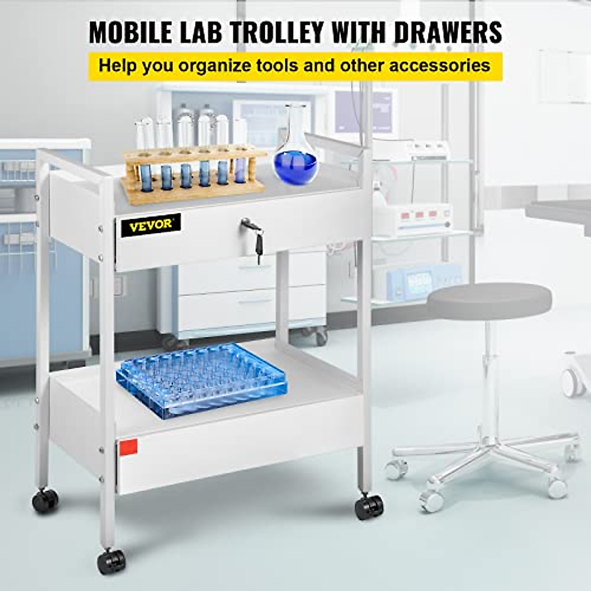 VEVOR Lab Cart, 2 Tiers Stainless Steel Utility Cart Medical Cart 2 Drawers Rolling Lab Cart White Paint Serving Cart with 360° Casters for Laboratory Hospital Dental Office Salon Beauty