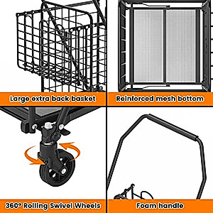 [2023 Upgrade] Shopping Cart with 360°Swivel Wheels,Waterproof Liner, Double Basket,Portable Foldable Grocery Cart, Folding Utility Shopping Carts for Seniors,Groceries,Laundry,Transport