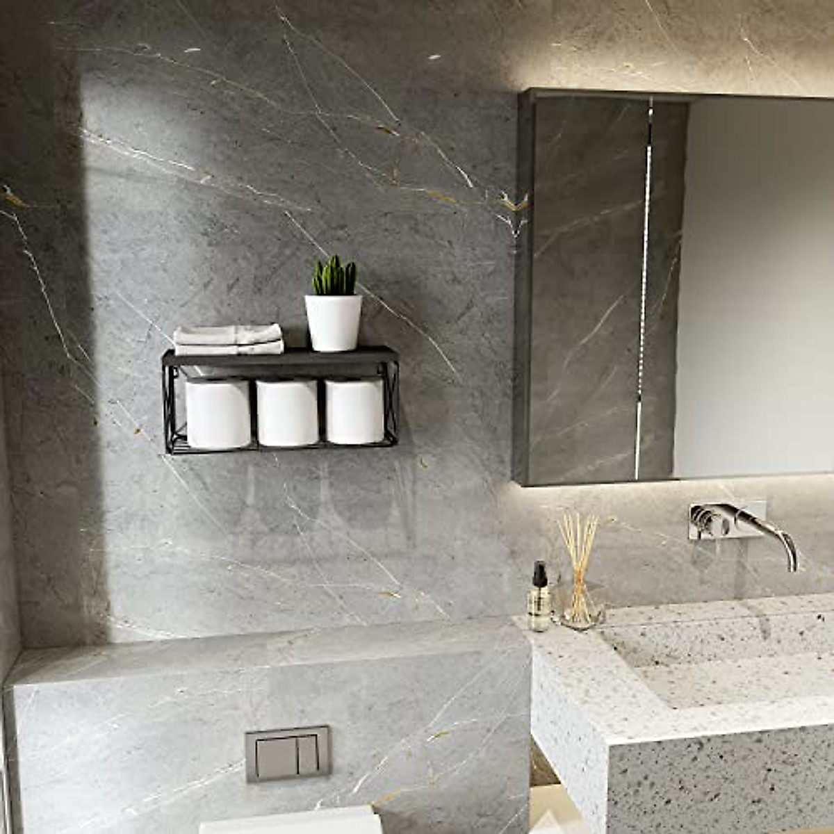 Hoiicco Floating Shelf Wall Mounted, Bathroom Shelf for Over The Toilet with Paper Storage Basket, Wood Wall Shelf for Wall Decor, Bedroom, Living Room, Kitchen, Washroom