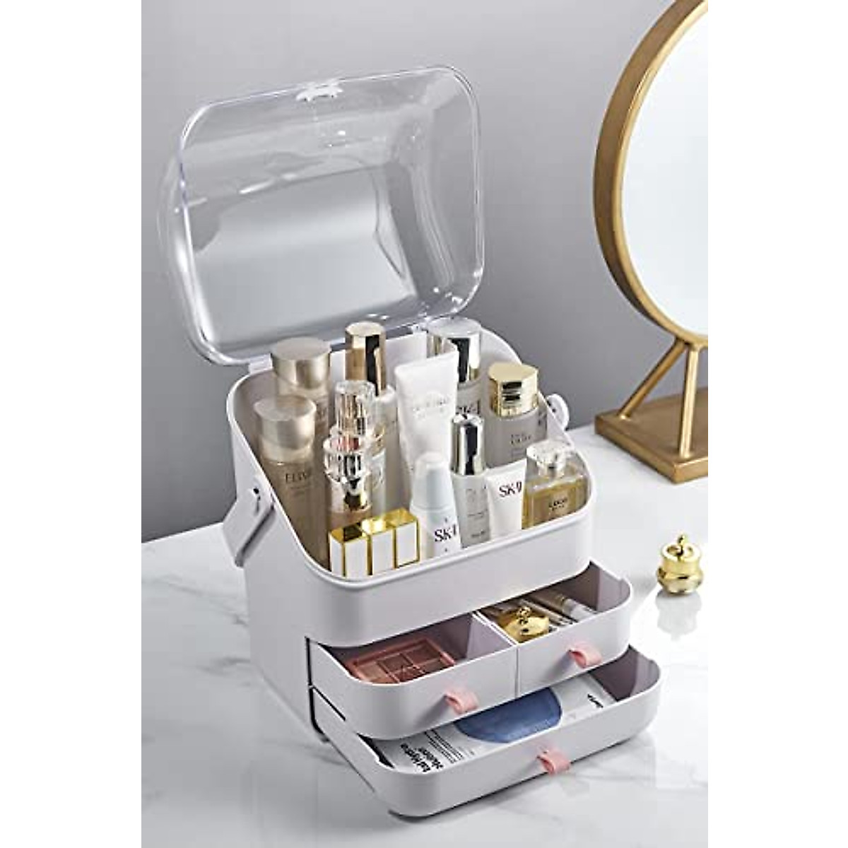 LINFIDITE Cosmetic Storage Box with Lid Makeup Organizer Box with Dust Free Cover Portable Handle,Large Makeup Display Case with Drawers Fully Open Lid,Great for Dresser Bathroom Countertop
